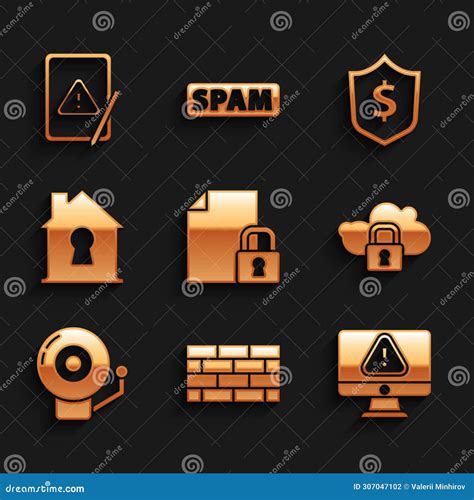 Set Document And Lock Firewall Security Wall Monitor With Exclamation Mark Cloud Computing
