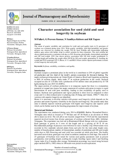 Pdf Character Association For Seed Yield And Seed Longevity In Soybean