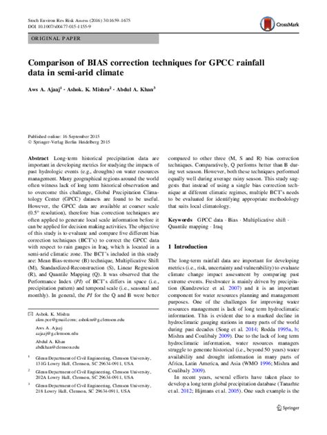 Pdf Comparison Of Bias Correction Techniques For Gpcc Rainfall Data In Semi Arid Climate
