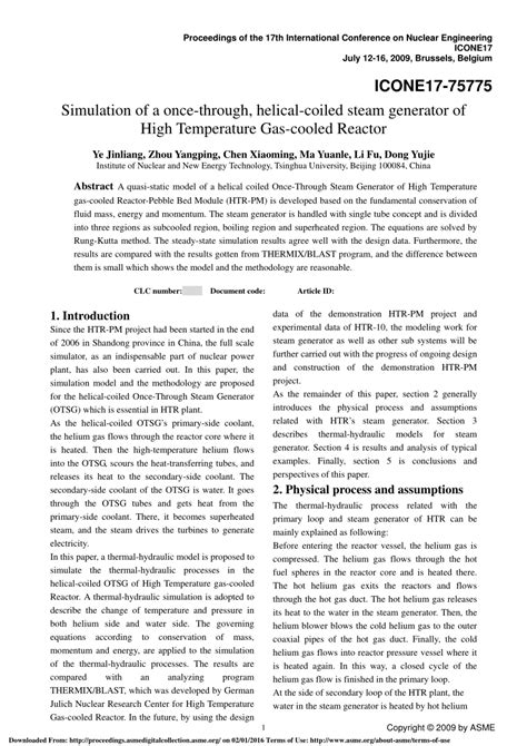Pdf Simulation Of A Once Through Helical Coiled Steam Generator Of High Temperature Gas
