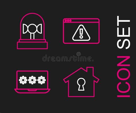 Set Line House Under Protection Laptop With Password Browser Exclamation Mark And Flasher