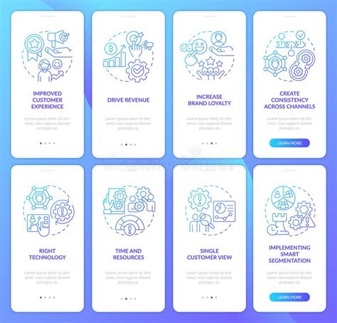 Personalized Marketing Strategy Blue Gradient Onboarding Mobile App Screen Set Stock Vector