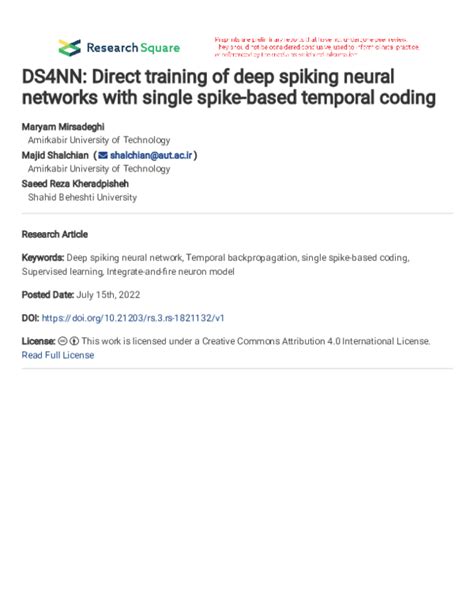 Pdf Ds4nn Direct Training Of Deep Spiking Neural Networks With Single Spike Based Temporal Coding