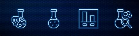 세트 라인 그래프 차트 인포그래픽 독성 액체가 포함된 시험관 및 벽돌 벽에 빛나는 네온 아이콘입니다 벡터 건강 진단에 대한 스톡