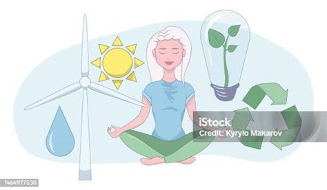 생태학 연꽃 자세로 앉아 있는 여자 풍차 물방울 맑은 물 태양 에너지 태양 내부에 새싹이 있는 전구 녹색 재활용 화살표 지구 환경을 저장합니다 벡터 그림 검사 보기에 대한