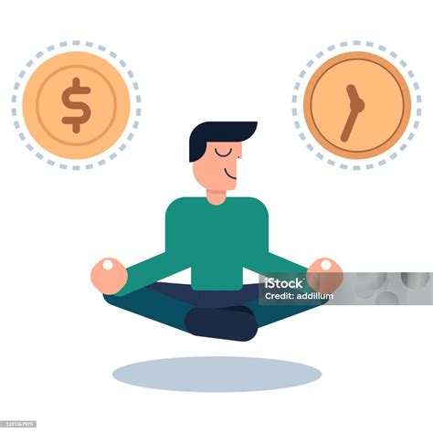 만화 남자는 시간과 돈으로 자신의 균형을 발견했다 선 평화와 정신 적 평온에 연꽃에 앉아 마음 챙김 명상 남자 플랫 벡터