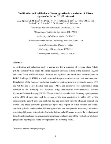 Pdf Verification And Validation Of Linear Gyrokinetic Simulation Of Alfven Eigenmodes In The