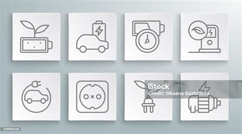 세트 라인 전기 자동차 전기 콘센트 리프 모터 배터리 충전 충전소 및 에코 자연 배터리 아이콘에 플러그 절약 벡터 0명에 대한 스톡 벡터 아트 및 기타 이미지 Istock