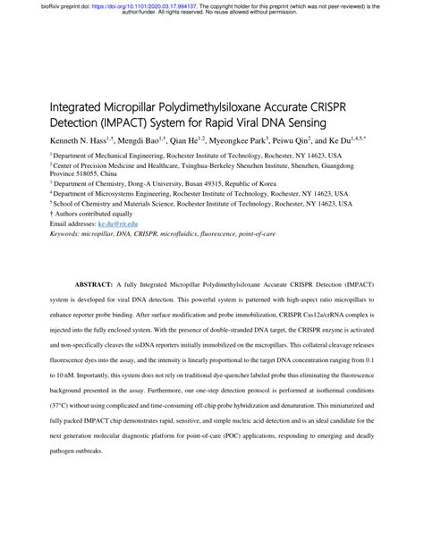 Pdf Integrated Micropillar Polydimethylsiloxane Accurate Crispr Detection Impact System For