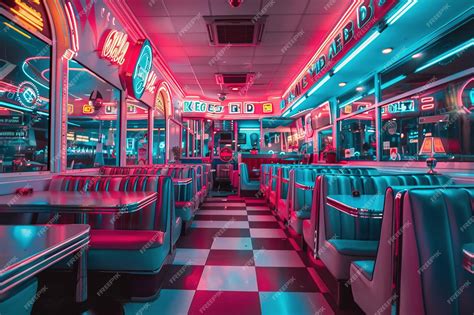 A Retro Diner With Vibrant Vinyl Booths And Neon Signs Exuding