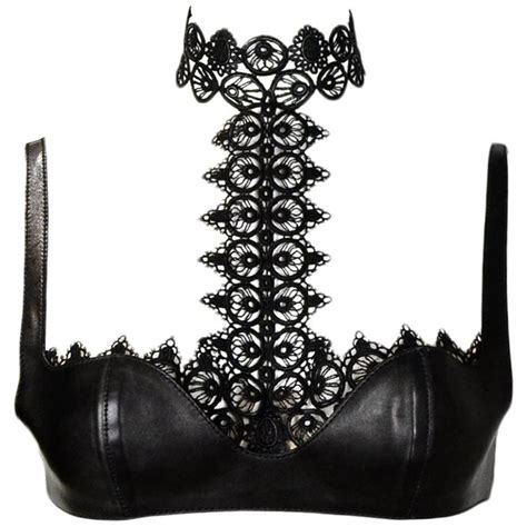 Alexander Mcqueen Black Leather Halter Neck Bra Top With Lace Detail At 1stdibs