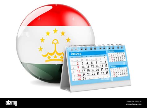 Desk calendar with Tajik flag. 3D rendering isolated on white ...