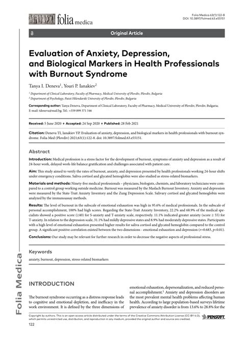 Pdf Evaluation Of Anxiety Depression And Biological Markers In Health Professionals With Burnout