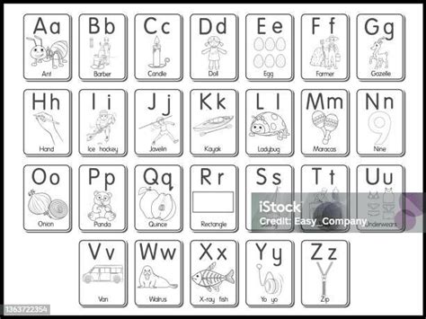 ภาพประกอบเวกเตอร์ขาวดําของการ์ดแฟลชตัวอักษร Az ตัวพิมพ์ใหญ่หรือตัวพิมพ์เล็กสําหรับผู้เร