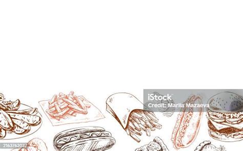 길거리 음식 테이크아웃 음식 패스트 푸드 정크 푸드의 손으로 그린 흑백 스케치 햄버거 칩 핫도그 세트 메뉴에 좋습니다 0명에 대한 스톡 벡터 아트 및 기타 이미지 Istock