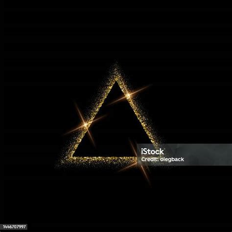 밝은 글로우 조명 효과 벡터 삽화가 있는 반짝이로 만든 삼각형 골드 프레임 소용돌이 포털을 위한 고급 금속 먼지의 추상 황금