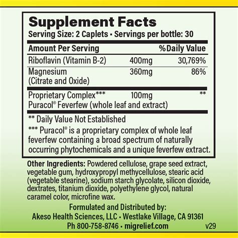 Migraine Dietary Supplement Migrelief Original Formula