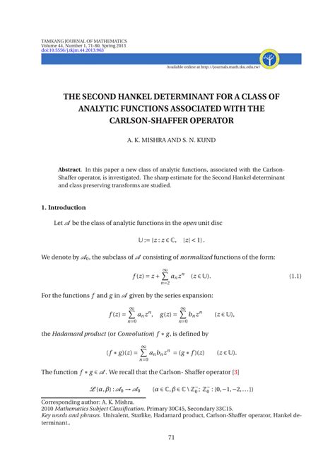 Pdf Second Hankel Determinant For A Class Of Analytic Functions Defined By The Carlson Shaffer