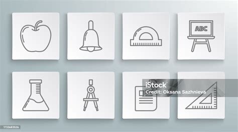 세트 라인 시험관 및 플라스크 화학 실험실 울리는 종 그리기 나침반 문서 삼각형 눈금자 각도 측정용 각도기 그리드 칠판 및 사과