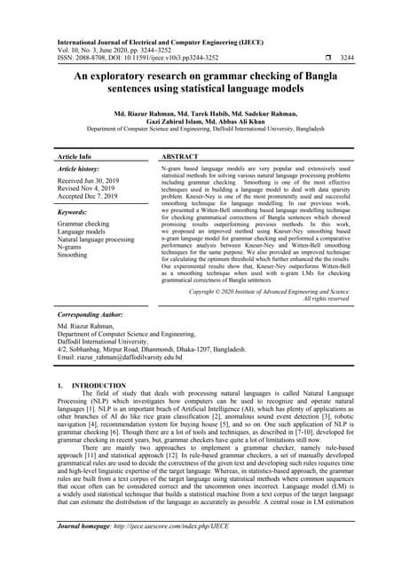 an exploratory research on grammar checking of bangla sentences using statistical language