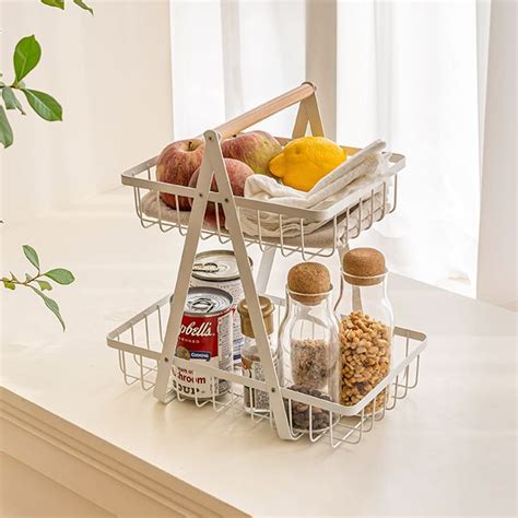 생활살림 철제 우드핸들 바구니 2단 과일 디저트 바스켓 트레이 위시버킷