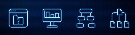 Set Line Hierarchy Organogram Chart File Missing Monitor With Graph And Folder Tree Glowing Neon