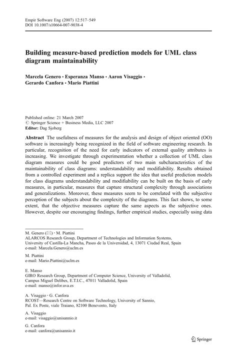 Pdf Building Measure Based Prediction Models For Uml Class Diagram Maintainability