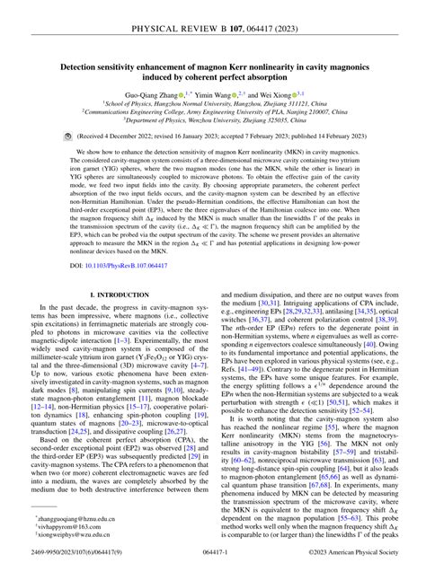 Pdf Detection Sensitivity Enhancement Of Magnon Kerr Nonlinearity In