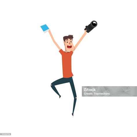 카메라와 함께 전문 남성 사진 작가 파파라치 만든 흰색 배경에 감각적인 스냅숏 벡터 일러스트 레이 션 개념에 대한 스톡 벡터