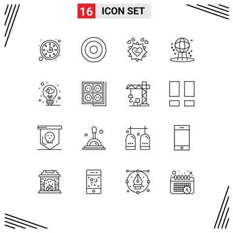 16 User Interface Outline Pack Of Modern Signs And Symbols Of Love Bulb Bulb Card World Earth