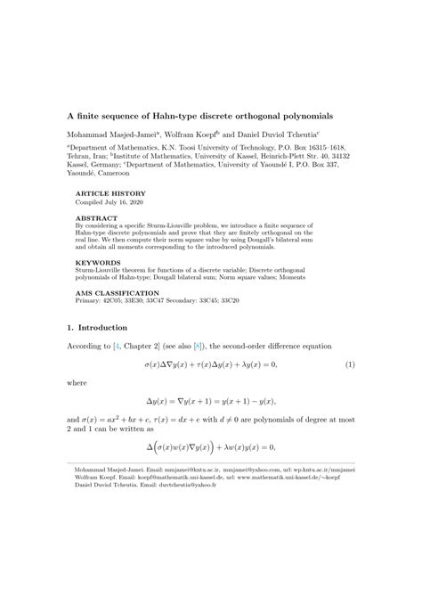 Pdf A Finite Sequence Of Hahn Type Discrete Orthogonal Polynomials