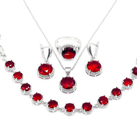 4pc Set Fire Red Garnet Gemstone Women Silver Bracelet Earrings
