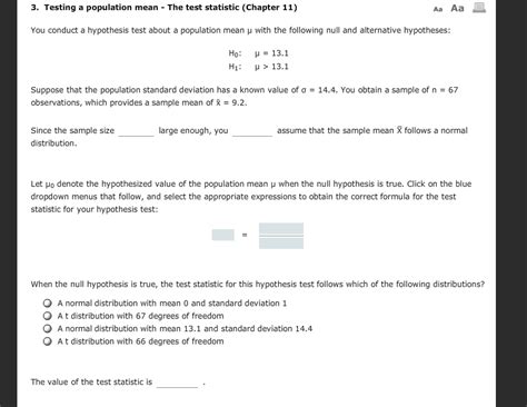 Solved 3 Testing A Population Mean The Test Statistic