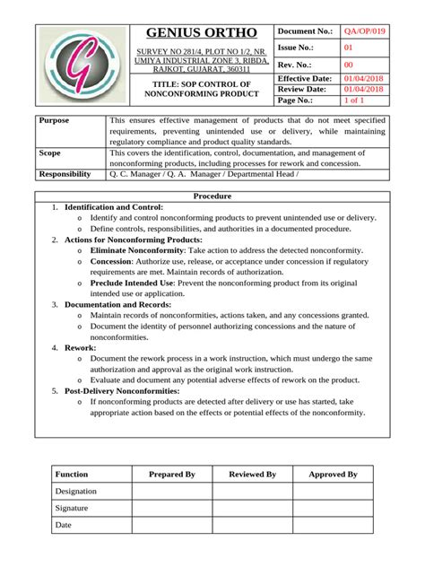 Sop Control Of Nonconforming Product Pdf