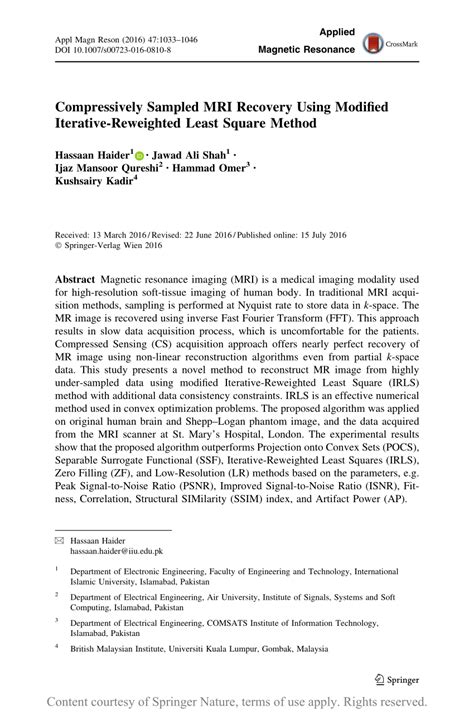 Compressively Sampled Mri Recovery Using Modified Iterative Reweighted