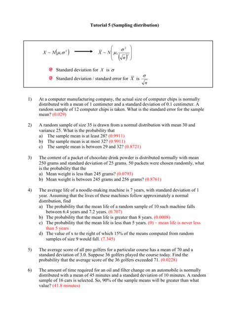 Tutorial 5 Sampling Distribution Standard Deviation For Is Standard