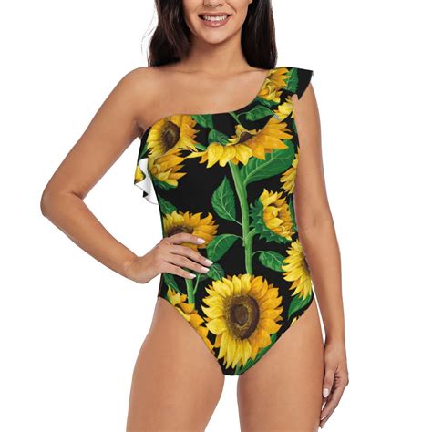 Pofeuu Sunflower 1 Print Womens One Piece Swimsuits One Shoulder Swimwear Asymmetric Ruffle