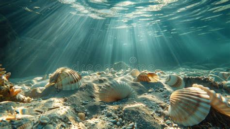 An Underwater View Of Seashells Resting On The Ocean Floor With Shafts