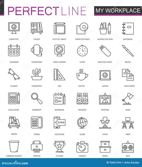 Office Workspace Thin Line Web Icons Set Outline Stroke Icons Design Stock Vector