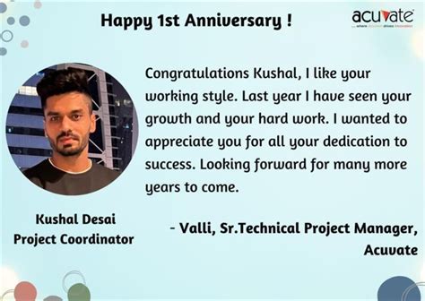 Kushal Desai On Linkedin Anniversary Acuvate Projectmanagement Work Opportunity Career