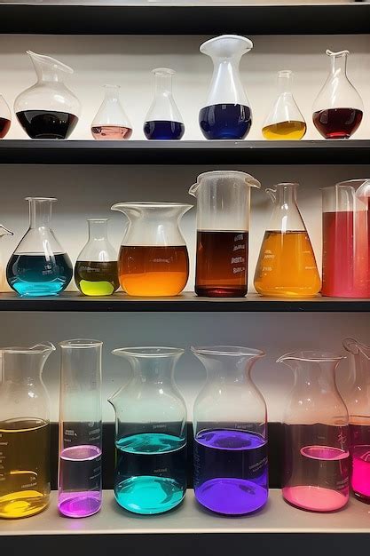 Premium Photo A Shelf With Beakers And Beakers With Different Colors Of Liquid