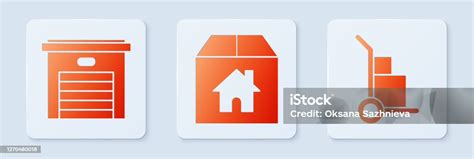 집 차고 및 핸드 트럭과 상자골판지 상자를 설정합니다 흰색 정사각형 버튼 벡터 건축하기에 대한 스톡 벡터 아트 및 기타 이미지 건축하기 교통 누름 버튼 Istock