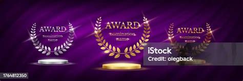 금 은 동메달 수상자에게는 월계관 숫자 및 텍스트가 있는 시상대를 수여합니다 빨간 커튼을 배경으로 1위 2위 3위가 있는 무대 스포츠 또는 영화 벡터 일러스트 레이 션에서