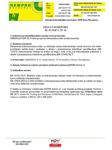 Izjava O Svojstvima Hemiplast Epf 50 Pdf