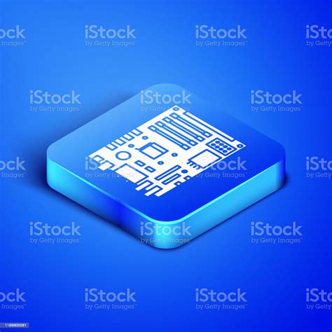 아이소메트릭 전자 컴퓨터 구성 요소 마더 보드 디지털 칩 통합 과학 아이콘 파란색 배경에 격리 회로 기판 파란색 사각형 버튼입니다 벡터 일러스트레이션 Cpu에 대한 스톡