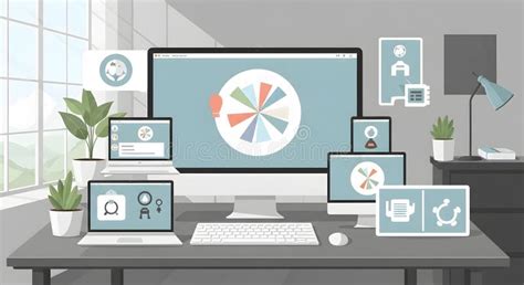 Modern Workspace With Multiple Devices Showcasing A User Interface Design Stock Illustration
