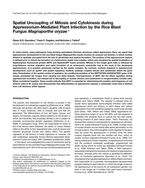Pdf Spatial Uncoupling Of Mitosis And Cytokinesis During Appressorium Mediated Plant