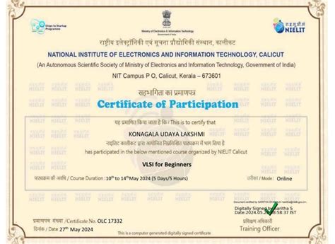 Completed Vlsi Course By Nielit Calicut Konagala Udaya Lakshmi Posted