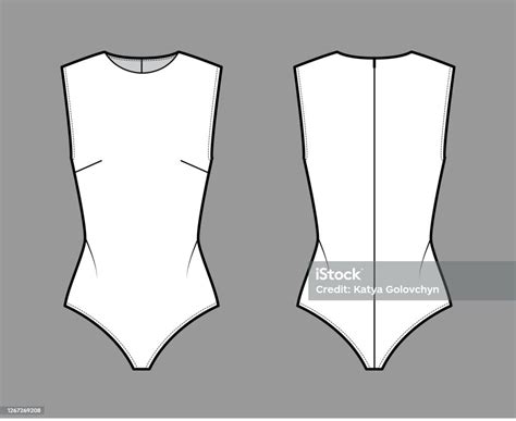 라운드 넥 밀착 핏 스냅 패스닝이 돋진 민소매 바디수트 테크니컬 패션 일러스트 플랫 원피스 0명에 대한 스톡 벡터 아트 및 기타 이미지 Istock