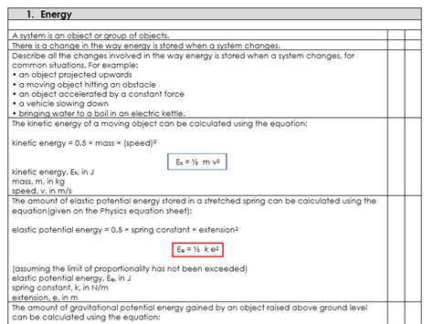 Aqa Gcse 9 1 Physics Specification Checklist 1 Energy Teaching Resources